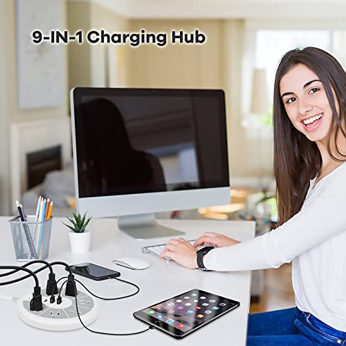 Flat Plug Power Strip with Surge Protection - 6 Outlets Flat Extension Cord Surge Protector with 3 USB Ports - Compact Charging Station Multi Plug Outlet Extender for Electronic Deivces, Home, Office