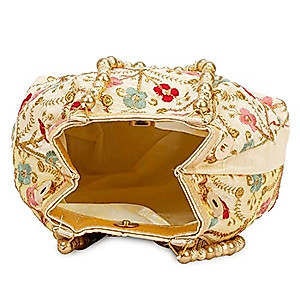 Indian Ethnic Designer Embroidered Silk Potli Bag Batwa Pearls Handle Purse (Golden nd Purple)