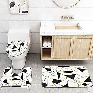 Marble Bathroom Set, Durable Waterproof Black and White and Gold Shower Curtain Set with Non-Slip Rugs and Toilet Lid Cover, 1 Shower Curtain (12 Hooks), 3 Toilet Mat & Lid Cover