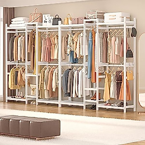 Hoiplu Bamboo Closet System Clothing Rack for Hanging Clothes, Large Garment Rack with Shelves and 5 Rods, 70”W x 77”H Heavy Duty Freestanding Clothes Rack Organizer for Wall-in Closet Bedroom, White