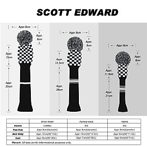 Scott Edward Knit Golf Club Cover for Woods and Driver Head Covers Protect Driver Wood(460cc) Fairway Wood and Hybrid/UT with Rotating Club Number Tags (Black White Chessboard)