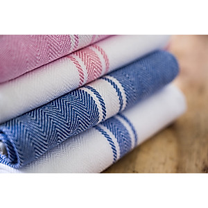 NITRAA Kitchen Towels with Herringbone Weave and Center Stripe - 100% Organic Ring Spun Cotton - Reusable Dish Towels - Highly Absorbent and Lint Free - OEKO-TEX Certified -15”x 26” - Set of 12 (Blue)