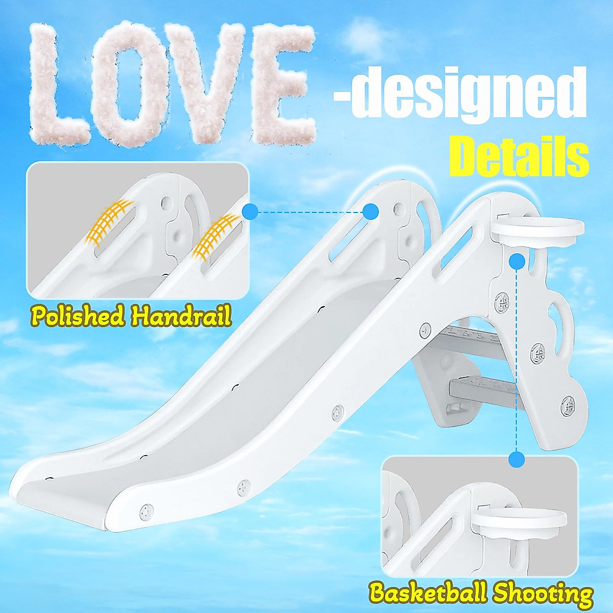 Kids First Slide for Toddlers Age 1 to 3 Years with Basketball Hoop Indoor Outdoor Playground Freestanding Slide Climber Playset Toy White