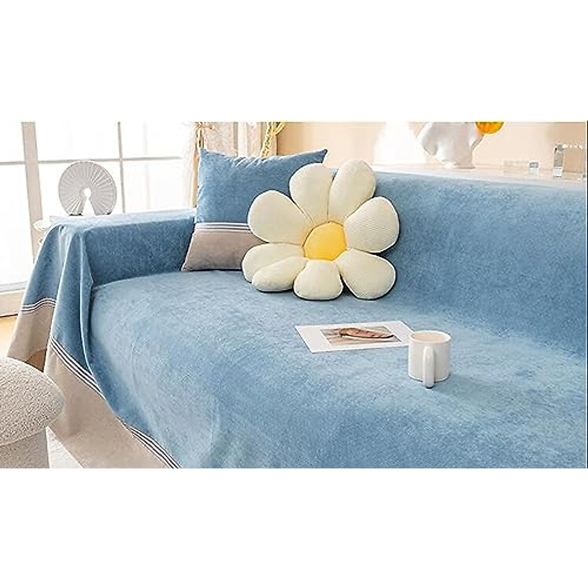 Homxi 4 Seater Sofa Covers for Living Room,78" W x 165" L,Chaise Couch Cover Solid Color with Stripes Couch Covers Polyester Couch Cover Blue