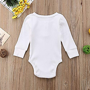 Seyurigaoka Newborn Unisex Baby Solid Bodysuit Basic Plain Rib Stitch Long Sleeve Romper Clothes for Infant Boy Girl (White, 6-12 Months)