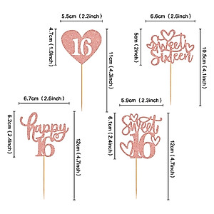 Keaziu 48 Pack Happy Sweet 16 Cupcake Toppers Sweet Sixteen 16 Happy 16 Cupcake Picks for 16th Birthday Wedding Anniversary Party Cake Decorations Supplies Rose Gold
