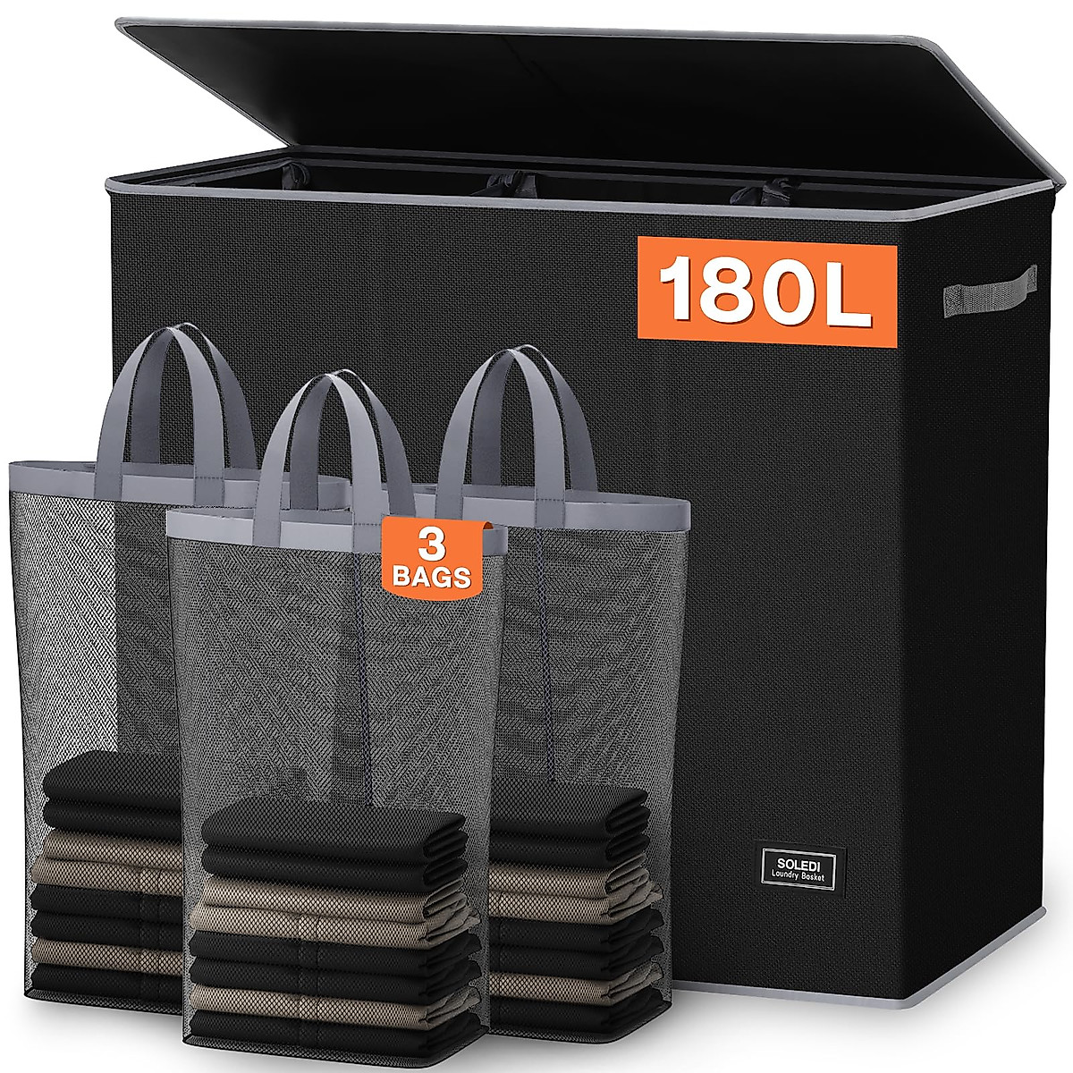 SOLEDI 180L Laundry Hamper 3 Section, Extra Large Laundry Hamper with Lid, Dirty Clothes Hamper with Sturdy Handle, Large Laundry Basket Organizer for Laundry Room, Bedroom, Hampers for Laundry