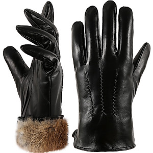 OCXMME Super Warm Rabbit Fur Mens Leather Gloves for Men Winter Touchscreen Texting Driving Gloves Black Medium