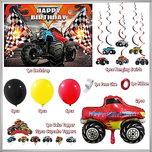 Monster Truck Birthday Party Supplies, Hot Wheels Birthday Decorations, Includes Happy Birthday Backdrop, Monster Jam Foil Balloons, Truck Hanging Swirls, Cake&Cupcake Toppers, Multicolor Balloons