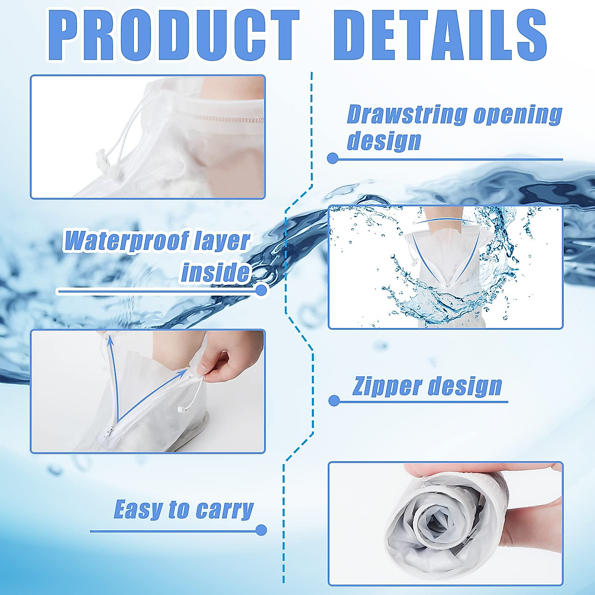 2 Pairs Rain Shoes Cover Non Slip Waterproof Shoe Covers Reusable Shoe Protectors Covers High Top Snow Boots Galoshes Overshoes for Men Women Outdoor Cycling Camping Fishing Garden Travel, White, L