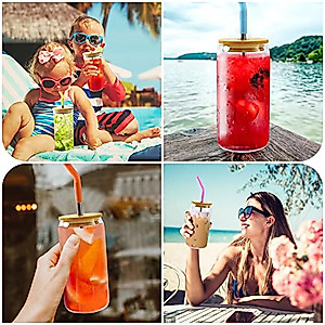 AUGOSTA Beer Can Glass with Lids and Straw, 16 oz Reusable Drinking Glasses Tumbler, Free 4 Bamboo lids, 4 Stainless Steel Straw with Colored silicone plug, 2 Cleaning Brush, 4 Pack