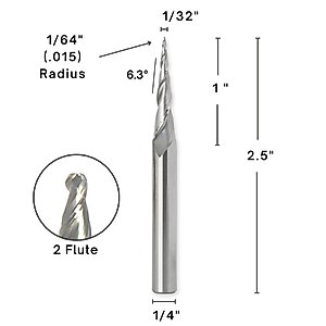 ROUTYBITS - 1/32” Tip Diameter (0.015 in Radius), Tapered Ball Nose Router Bit, 1/4 Inch Dia Shank, 6.3 Degree, Solid Carbide Spiral End Mill, 3D Carving and Engraving, CNC Router Bits