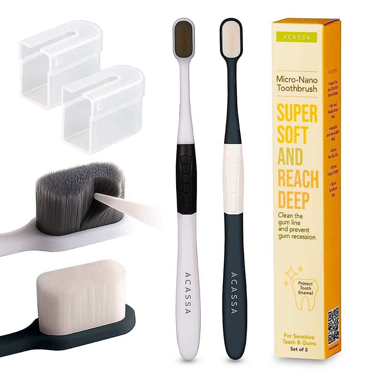 ACASSA, Super Soft Toothbrush, Nano Toothbrush, Micro Toothbrush, 20000 Bristle, Gum Toothbrush, Toothbrush in Case, Sensitive Toothbrushes, Nano Toothbrushes for Adults and Kids, Slim, Black, White