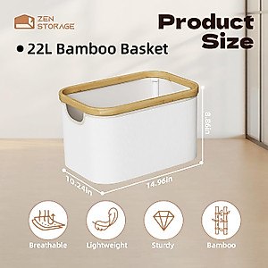 2Pack Storage Baskets for Organizing, Rectangle Storage Bin with Bamboo Handles, Small Collapsible Storage Bins Fabric, Storage Bins For Shelves, White, 22L