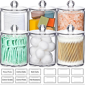 AOZITA 6 Pack Qtip Holder Dispenser for Cotton Ball, Cotton Swab, Cotton Round Pads, Floss - 10 oz Clear Plastic Apothecary Jar Set for Bathroom Canister Storage Organization, Vanity Makeup Organizer