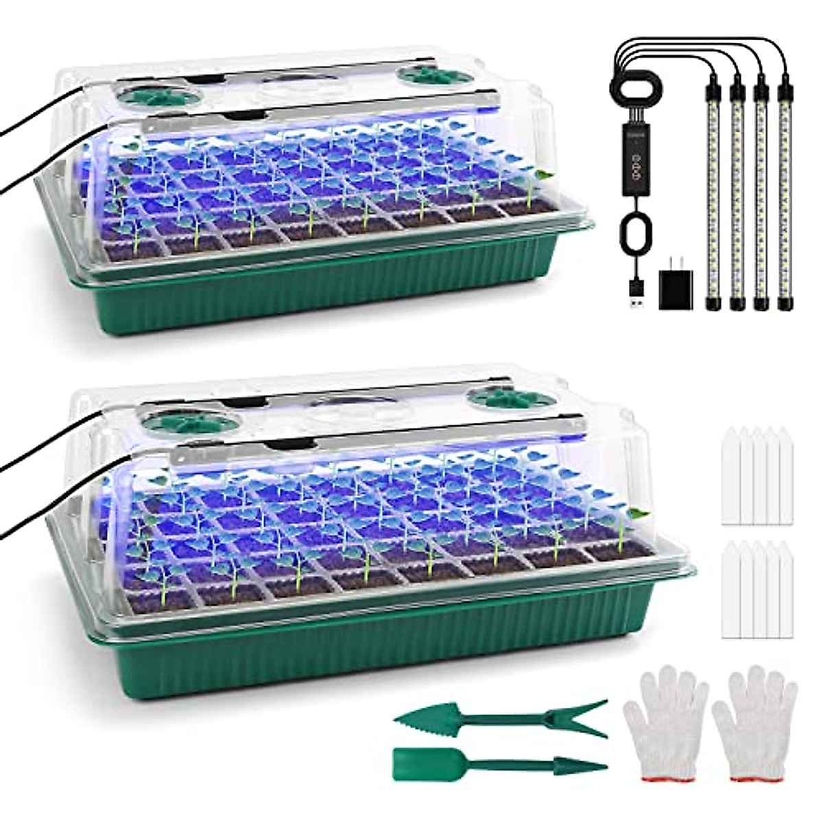 BlumWay Seed Starter Tray with Grow Light,2 Pack 80 Cells Seedling Tray Kit with Humidity Dome/Indoor Plant Starter Kit, Adjustable Brightness Plant Germination Trays
