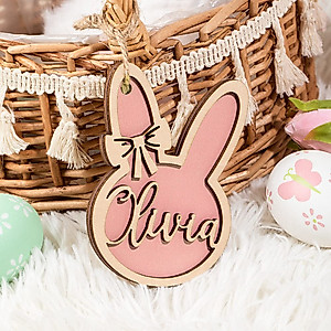 Personalized Rabbit Bunny Wooden Basket Tag Ornament with Name Easter Gift for Kids
