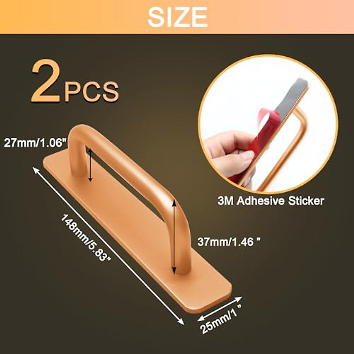 Biaungdo 2 Pcs Self-Stick Instant Cabinet Handles Pulls, Aluminum Alloy Drawer Push Pull Kitchen Door Handles Hardware with Adhesive for Wardrobe, Bathroom, Dresser, Closet(5.83", Rose Gold)