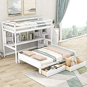 DEYOBED Twin Over Full Wooden Bunk Bed with Storage Shelves Drawers and Staircase for Kids Teens Adults