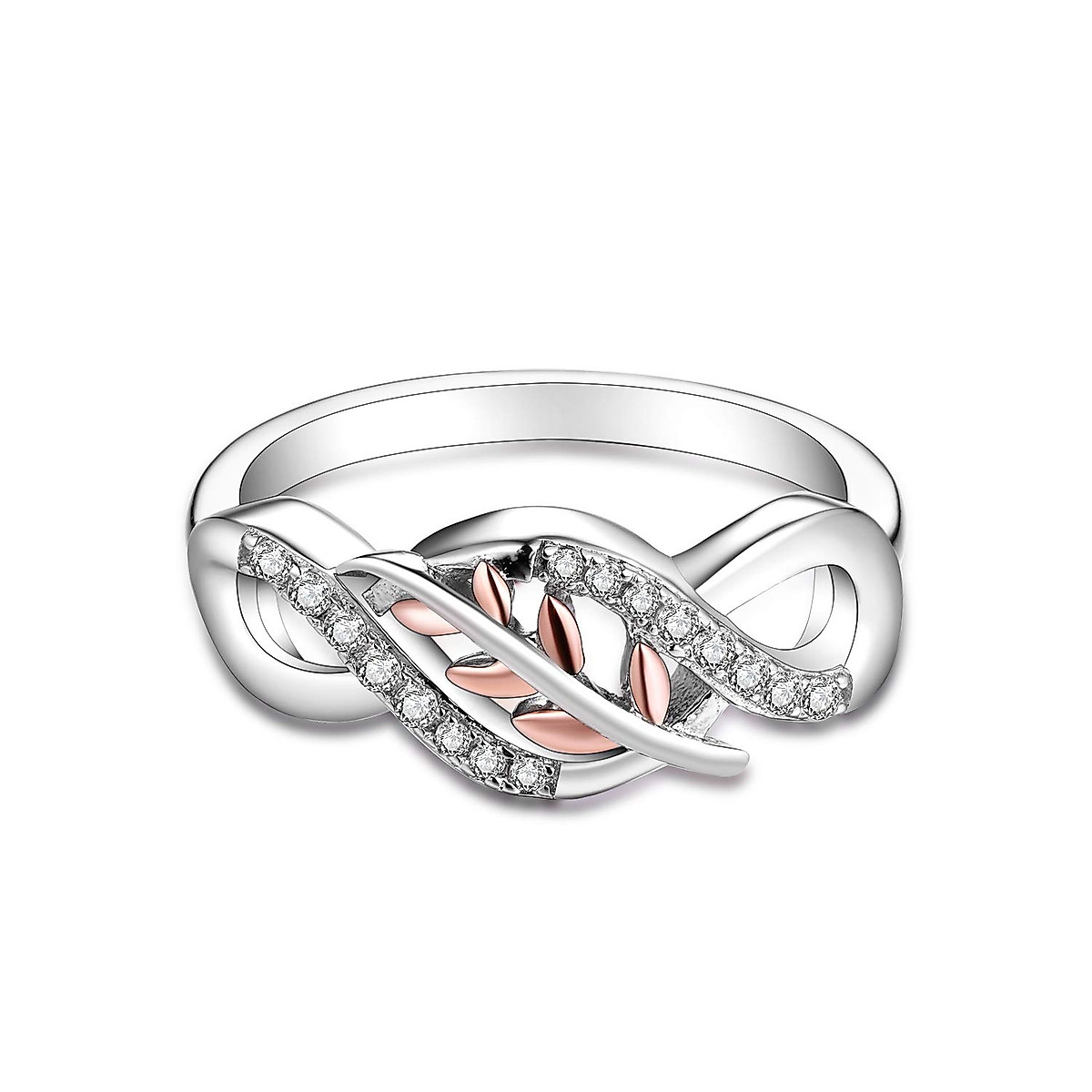 JO WISDOM 925 Sterling Silver Cubic Zirconia Rose Gold Leaf Infinity Knot Ring Size 7