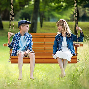 4FT Wooden Porch Swing w/Cupholders,Heavy Duty 800LBS Outdoor Swing Bench w/Chains,Patio Roll Back Swing Chair Bench,Front Porch 2-Person Hanging Bench,for Garden Courtyard Lawn & Balcony Backyard