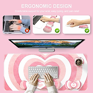 iLeadon Keyboard Mouse Pad Set, Large Gaming Mouse Pad + Keyboard Wrist Rest + Mouse Pad with Wrist Support + Coaster, Easy Typing Pain Relief, Desk Mat Set, Valentines Day Gifts for Her, Pink Heart