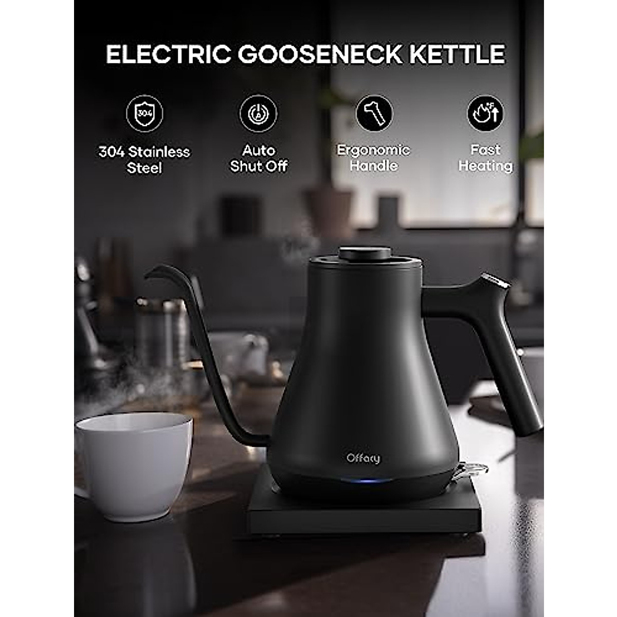 Gooseneck Electric Kettle, Offacy Pour Over Tea Kettle, Full 304 Stainless Steel Inner, 0.68mm Fine V-Shaped Spout, Auto Shut-Off & Boil Dry Protection, BPA Free, 1200W, 0.9L Hot Water Boiler