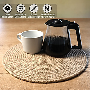 Round Placemats Set of 4, Handmade by Braided Natural Jute for Kitchen and Dining Table, Dia. 12.6 Inch, Doublesided, Heat Resistant, Light Brown