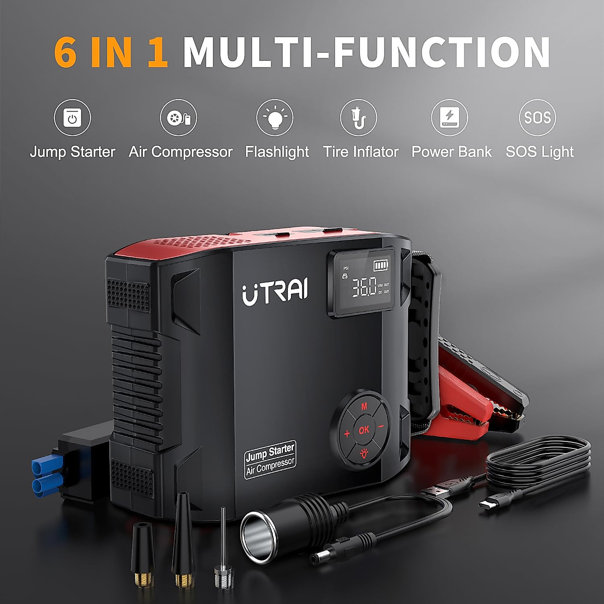 Car Jump Starter with Air Compressor, UTRAI Portable Car Battery Jump Starter 5000A Peak 12V Car Battery up to Jump Box All Gas/ 8.0L Diesel with Tire Inflator, DC 160W Jump Start Battery Pack