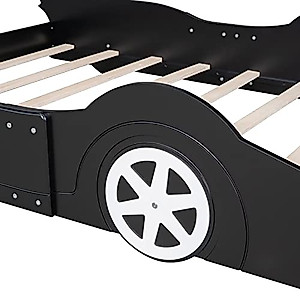 Zaboro Full Size Race Car-Shaped Platform Bed for Children, Solid Wood Bed Frame with Safety Rails and Wheels, Modern Low Bed with Sturdy Slats Support for Boys and Girls, No Box Spring Needed, Black