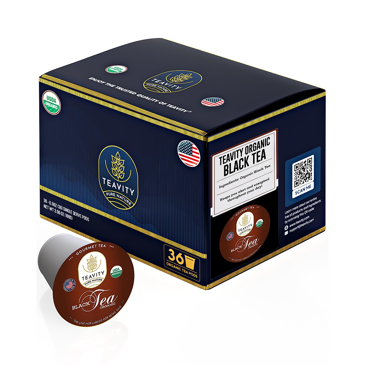Organic Black Tea Pods for Keurig - Naturally Caffeinated Tea for KCup - Premium Unsweetened Black Tea for Hot Tea Brewing or Iced Tea by Teavity (36 Tea Pods)