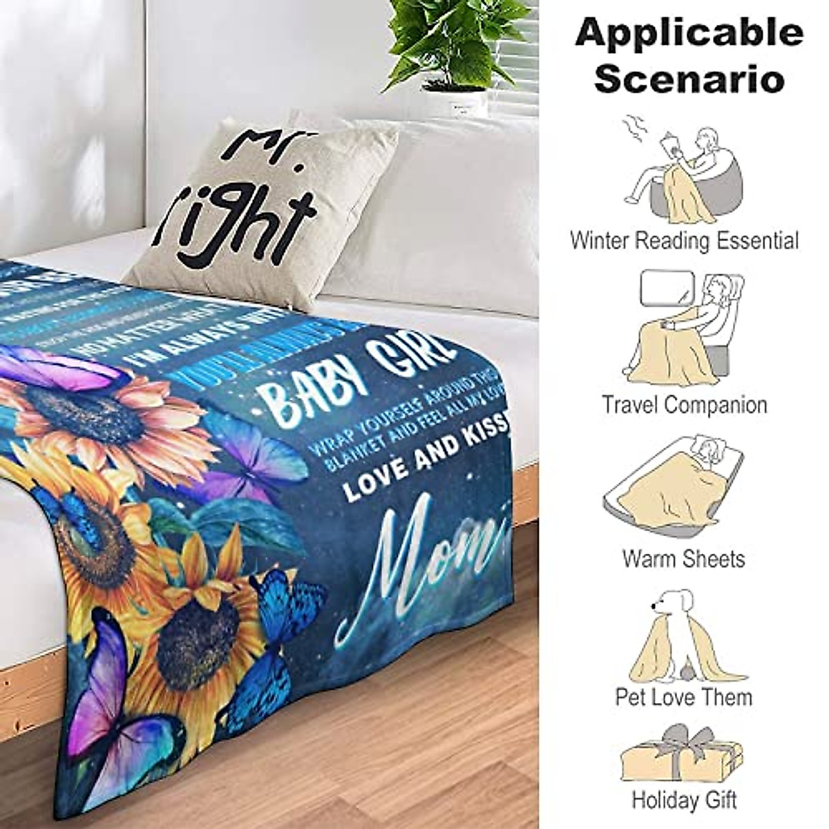 to My Daughter Blanket from Mom, Butterfly Moon Sunflower Ultra-Soft Fleece Flannel Throw Blankets for Warm Birthday Present, Graduation Gift, Thanksgiving Day and Christmas