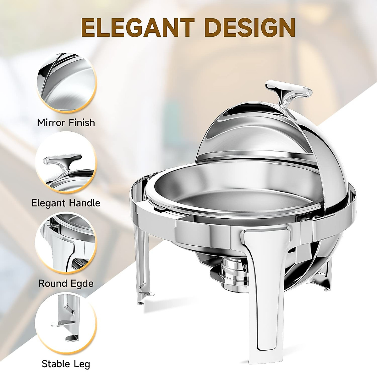 Halamine Roll Top Chafing Dish Buffet Set, 6 Quart Round Stainless Steel Chafer for Catering, Buffet Servers and Warmers for Parties Catering Event Wedding, Banquet, Events, Graduation