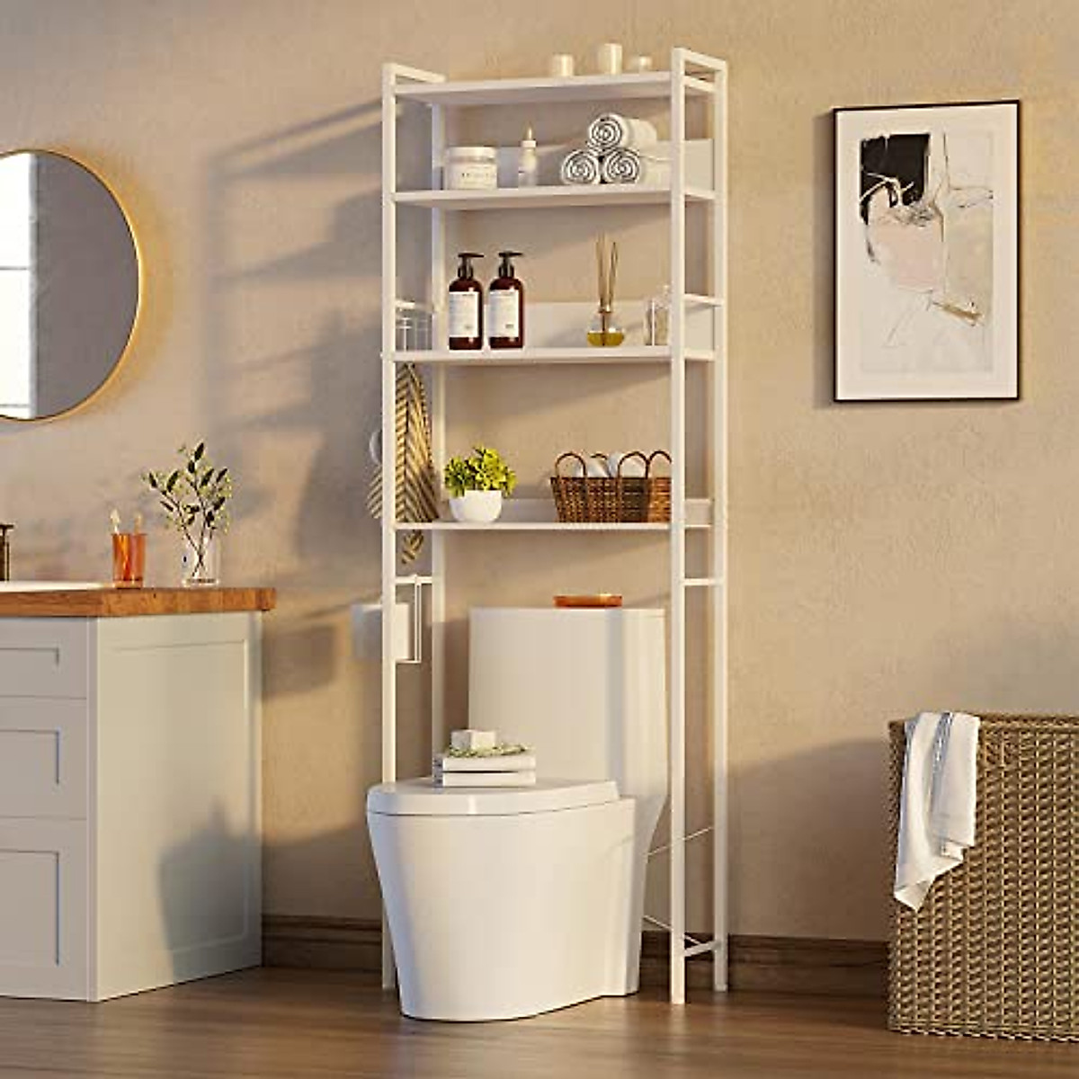 Rolanstar Over The Toilet Storage, 4-Tier Wooden Bathroom Space Saver with Hooks, Freestanding Bathroom Organizer, Multifunctional Over The Toilet Storage Rack, Bathroom Toilet Rack, White