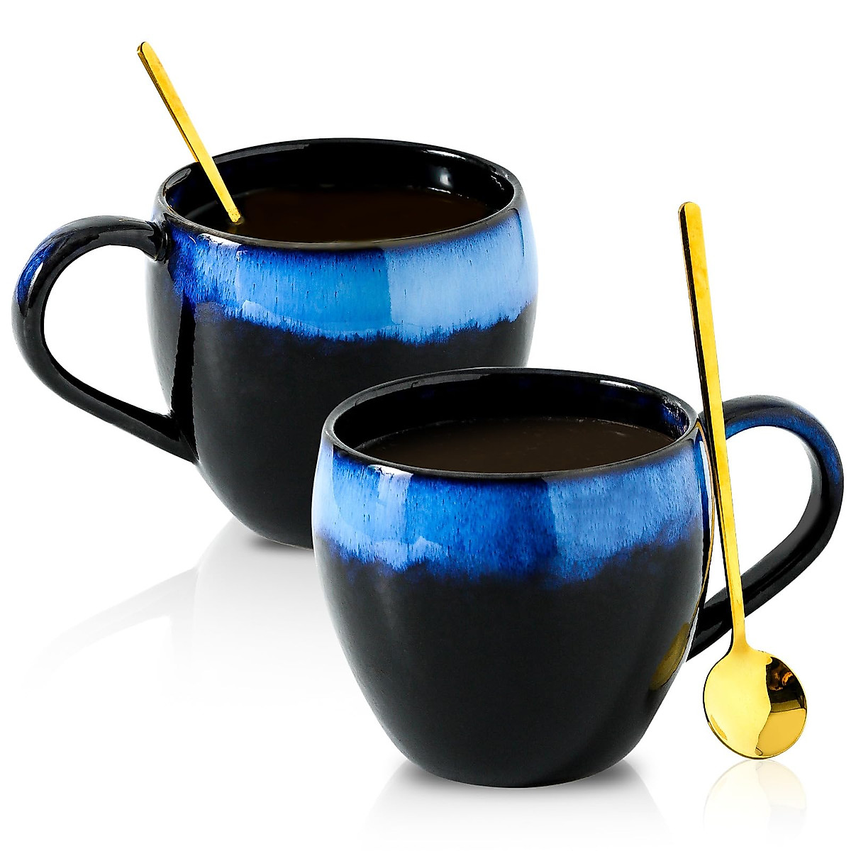 glowworm 16 oz Coffee Mugs, Ceramic Coffee Cups with Spoon, Large Coffee Mugs for Men/Women, Coffee Cups for Latte, Cocoa, Office, Home, Microwave & Dishwasher Safe, Set of 2, Black