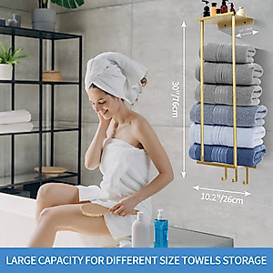 HOTNIU Towel Rack Wall Mounted Bathroom Towel Holder for Rolled Towels, Gold Metal Towel Storage Organizer with Shelf and 3 Removeable Hooks