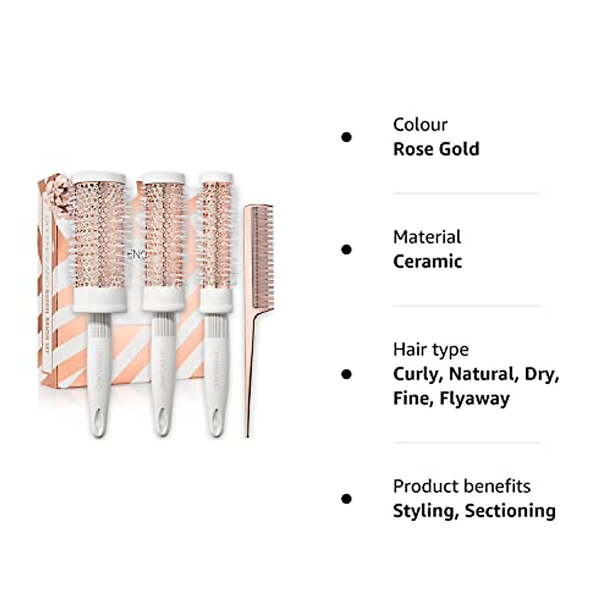 Round Brush Set for Women - Luxury Hair Brushes - Blowout Round Barrel Hairbrush for Blow Drying with Tail Comb by Lily England (White & Rose Gold)