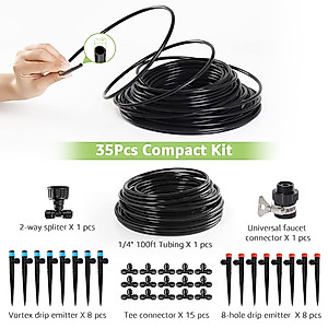 Bonviee 100FT Drip Irrigation Kit, Quick-Connect Garden Watering System for Outdoor Plants with 1/4 inch Blank Tubing Adjustable Emitters Sprinkler for Raised Bed Lawn Greenhouse Flower Pot