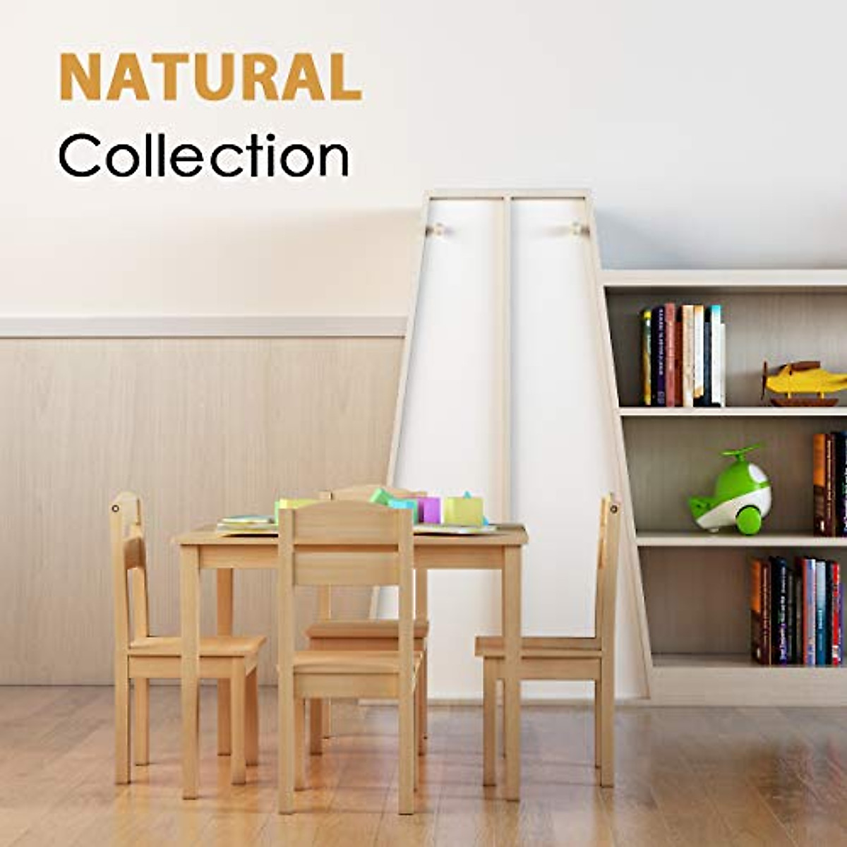 Nightcore Kids Wooden 4, Activity 2 to 6 Years, Toddler Game, Playroom Furniture, Picnic w/Chairs, Solid Wood 5 Piece Dining Table Set, Natural