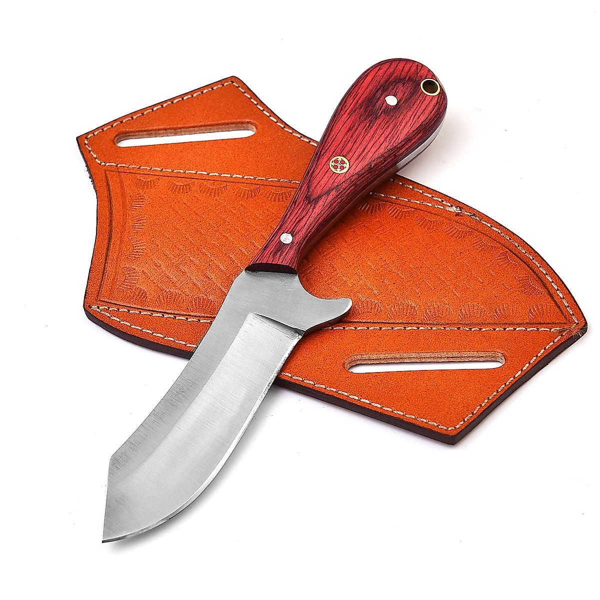 Wolf Craft Handmade 1095 High Crabon Steel Steel Bull Cutter Knife, Fixed Blade Cowboy Knife, Hand Made Hunting Knives EDC bull Cutter CamPing knife Gifts For Men - Red Wood Handle With Leather Sheath (Red wood)