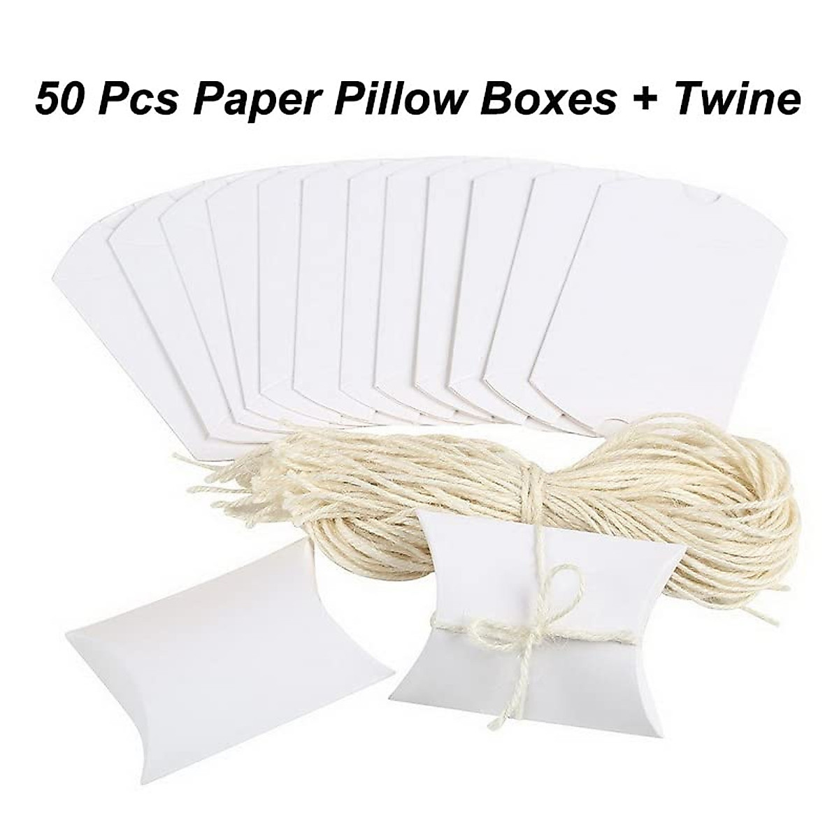 AKOAK Kraft Paper Pillow Box, Candy Favor Gift Boxes for Wedding Birthday and Christmas,Pack of 50 with 50 Pcs Jute Twines (White)