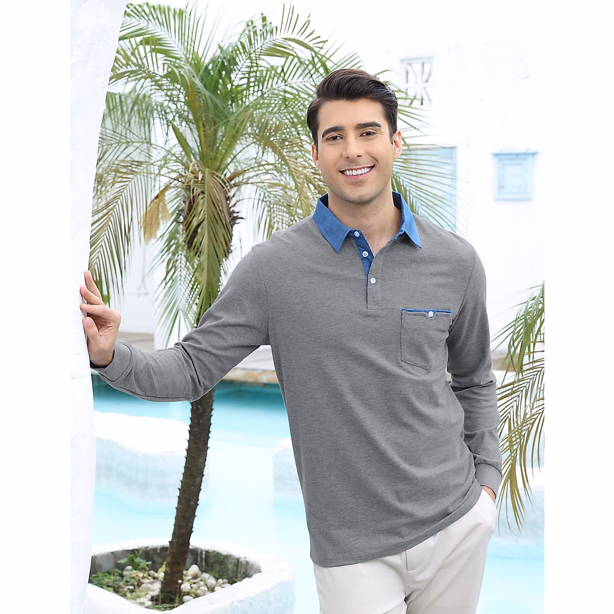 LIUPMWE Long Sleeve Polo Shirts for Men with Pocket Denim Collar Soft Cotton Shirts Golf T-Shirt