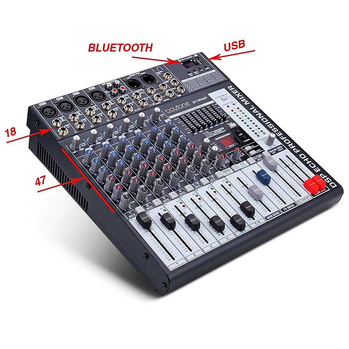 Boytone BT-80MX, 8 - Channel Bluetooth Audio Mixer - DJ Sound Controller, USB MP3 Player, 4 XLR Microphone Jack, 7 Band EQ, 16 BIT Digital Multi FX Processor, RCA IN-OUT Jack, 48V Phantom Power