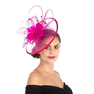 Lucky Leaf Women Girl Fascinators with Hair Clip Hairpin Hat Bowknot Feather Flower Veil Cocktail Wedding Tea Party Hat (8-Fuschia)