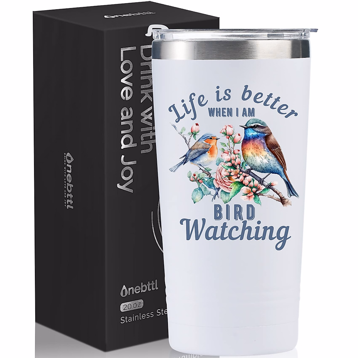 Onebttl Bird Watching Gifts, Bird Watching Tumbler for Bird Lovers & Bird Watchers, 20oz Stainless Steel Insulated Tumbler with Lid & Straw, Gift Card & Box Included, Best Gift for Birthday - White