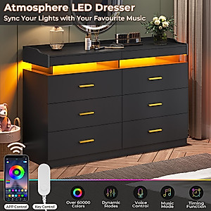 HAUOMS 6 Drawer Dresser with LED Lights,Dresser Chest of Drawers with 2 Pull-Out Tray, Modern Double Wide Drawer Dresser Organizer Cabinet for Bedroom,Living Room,Entryway,Black