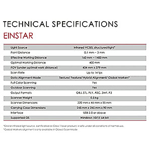 Einstar 3D Handheld Infrared VCSEL Structured Light Scanner with RGB Color Camera, 0.1mm Resolution, High Quality Collecting Data, 3D Printing, Design, Digital Archiving