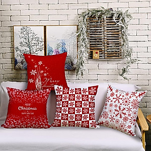 HELERKOL Set of 4 Red Merry Christmas Throw Pillow Covers 18 x 18 inch Snowflake Pillow Covers for Couch Sofa Winter Holiday Decoration Cushion Case