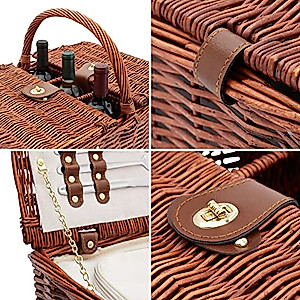 4 Person Wicker Picnic Basket Set with Utensils, Glasses, and Insulated Cooler Bag, Camping Essentials Outdoor Tableware for Family Gatherings