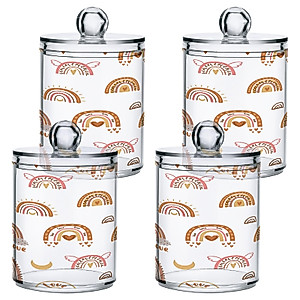 FUGIDOG 4 Pack Qtip Holder Dispenser Boho Rainbow 14 oz Clear Plastic Apothecary Jar with Lids Bathroom Accessories Storage Containers Vanity Organizer for Cotton Swab, Ball, Pads, Floss